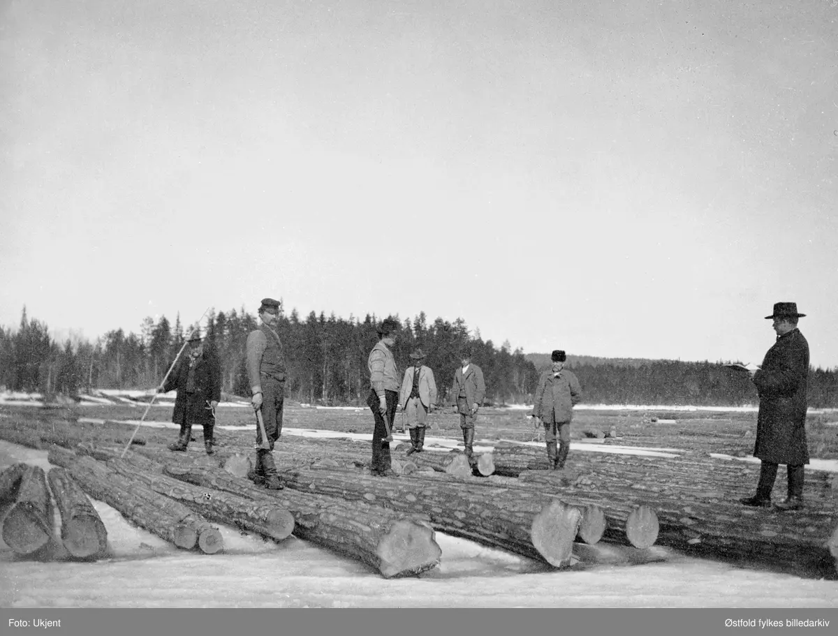 Merking av tømmer i Rømskog 1904. Personene er ukjente. - Østfold ...