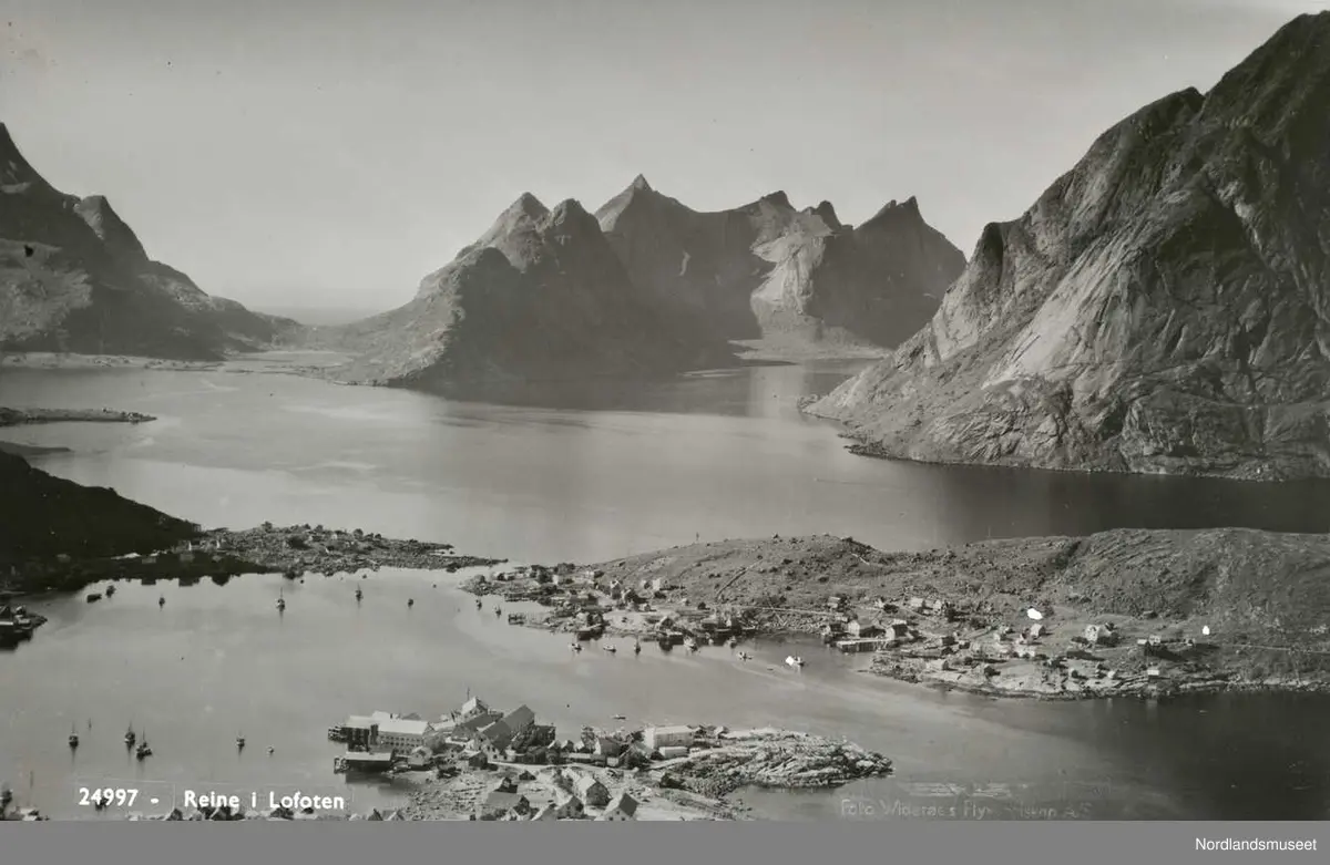 Flyfoto over Reine med omegn. Havna med bygninger, bebyggelse ...