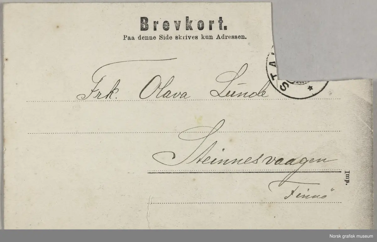 Postkort med julehilsen til Olava Lunde. Det er et håndkolorert bilde ...