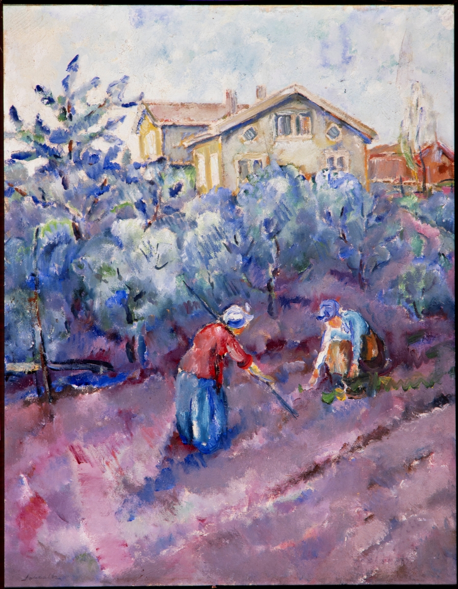 Maleri av 2 damer som arbeider på et jorde, Malt av Ørnulf Salicath ...