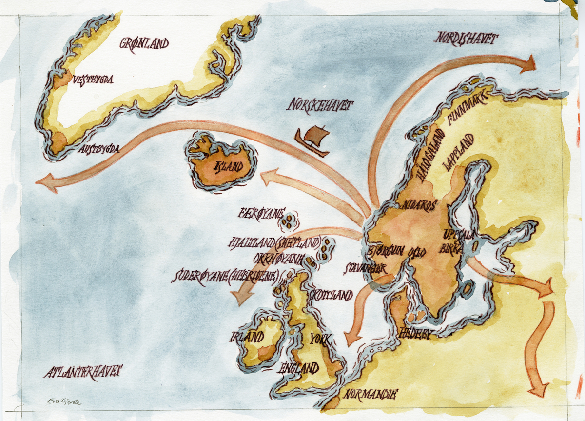 Akvareller laget av Eva Gjerde, brukt i boka "Den lengste historia ...