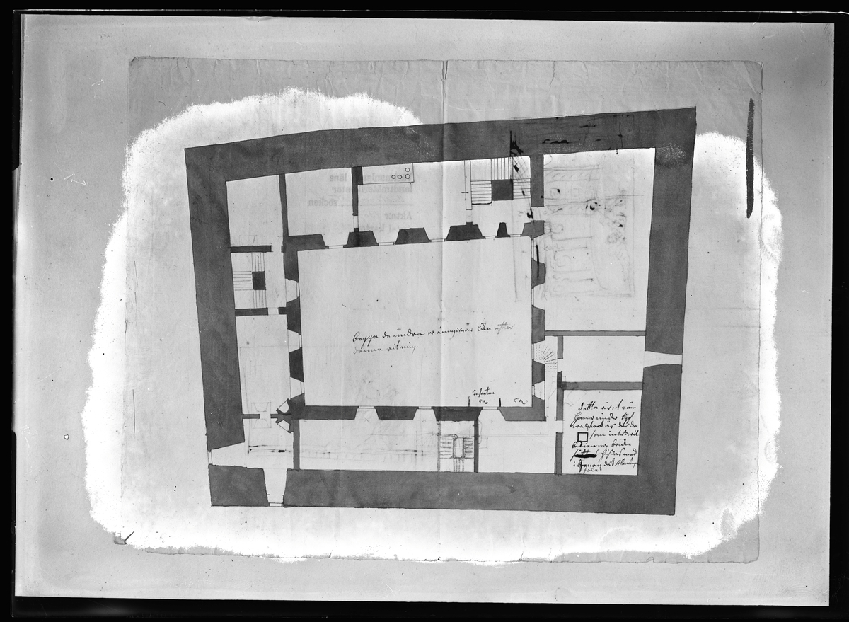 Västerås slott. Planritning från 1600-talet, andra våningen, en trappa ...