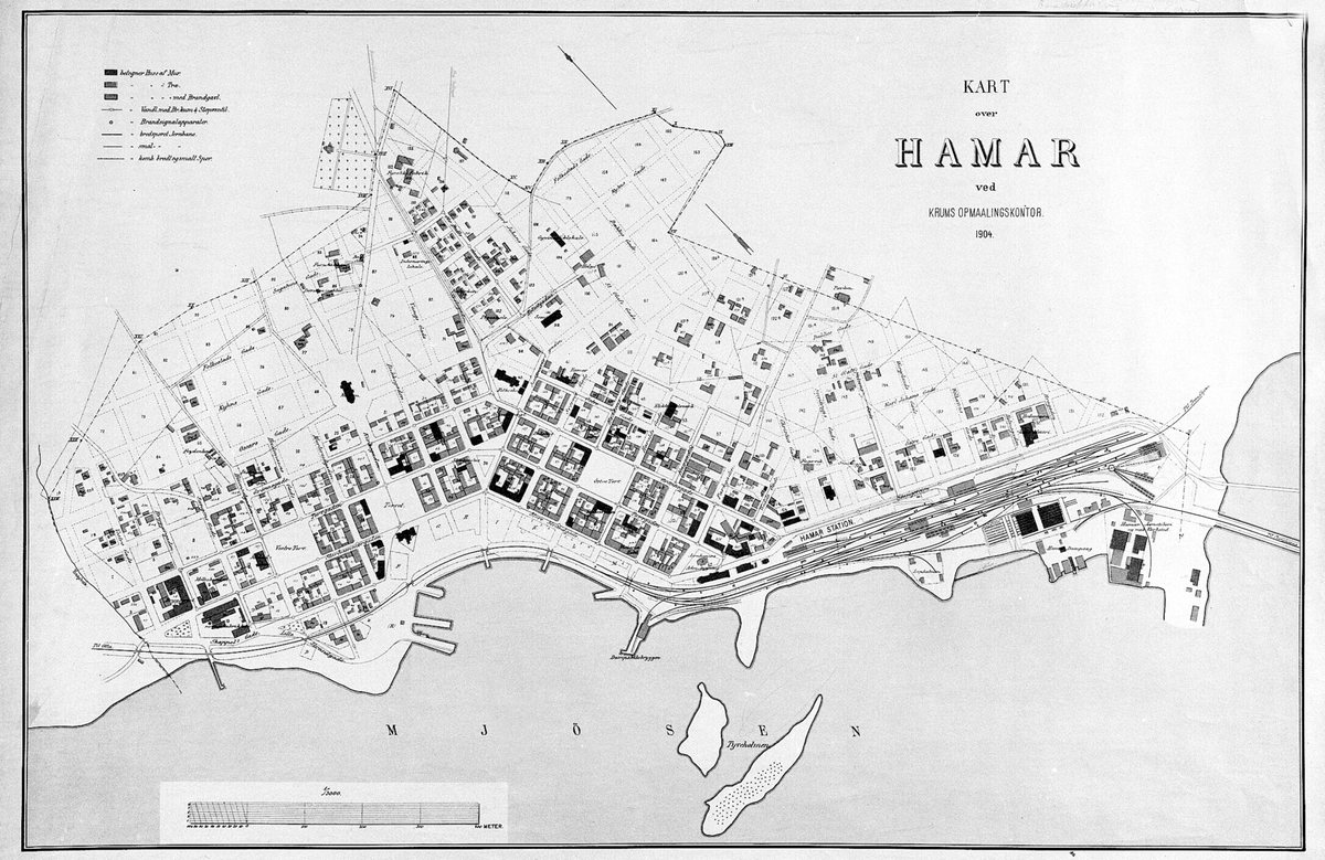 Hamar kommune, kart over Hamar by oppmålt av Krum i 1904, 1:3000 ...