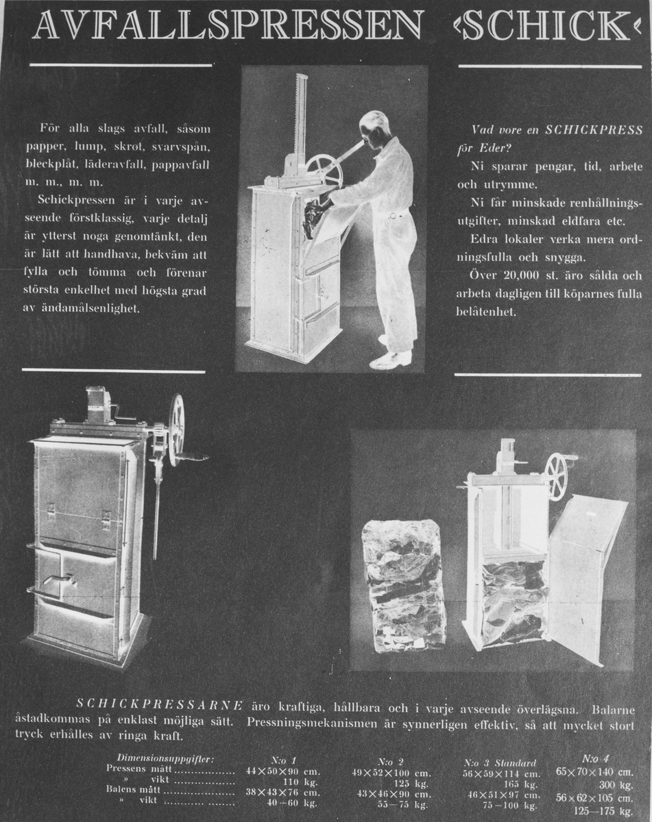 Ingenjörsfirman Browin Avfallspressen "Schick" November 1938 ...