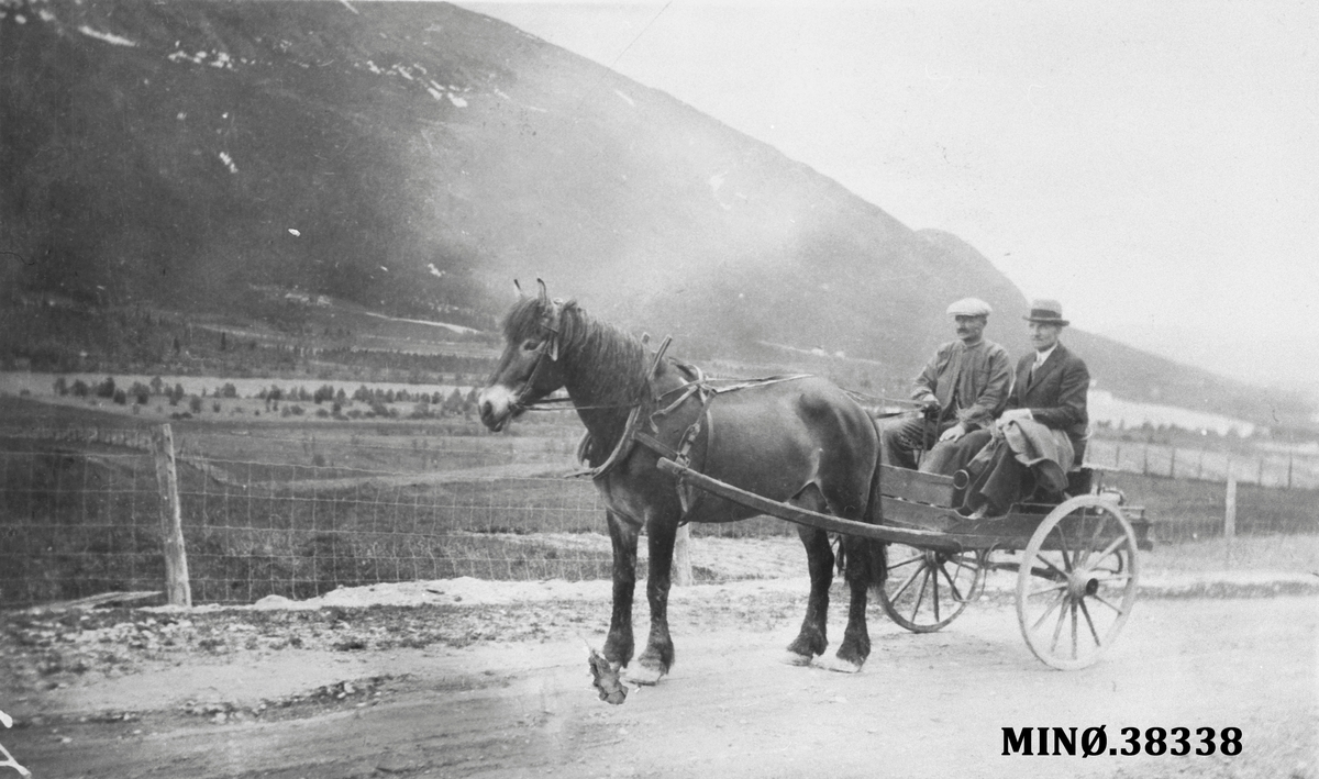 Menn på tur med hest og vogn. Ola Bjørkeng hentet sin bror Jon Bjørkeng på Alvdal st. Han var ...