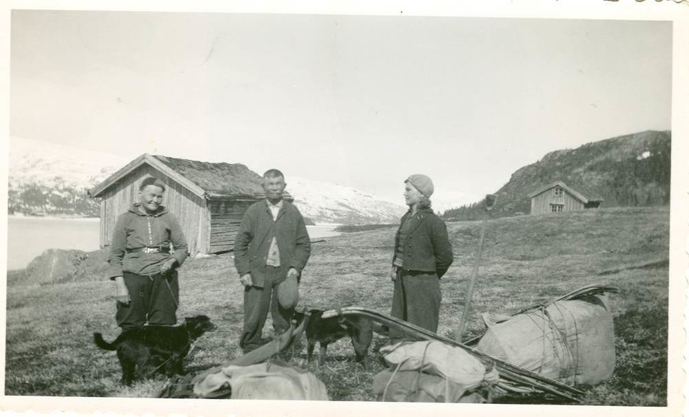 Samer utenfor hytte på Bjørnvollen. Hund. Reinslakting. Njarka ...