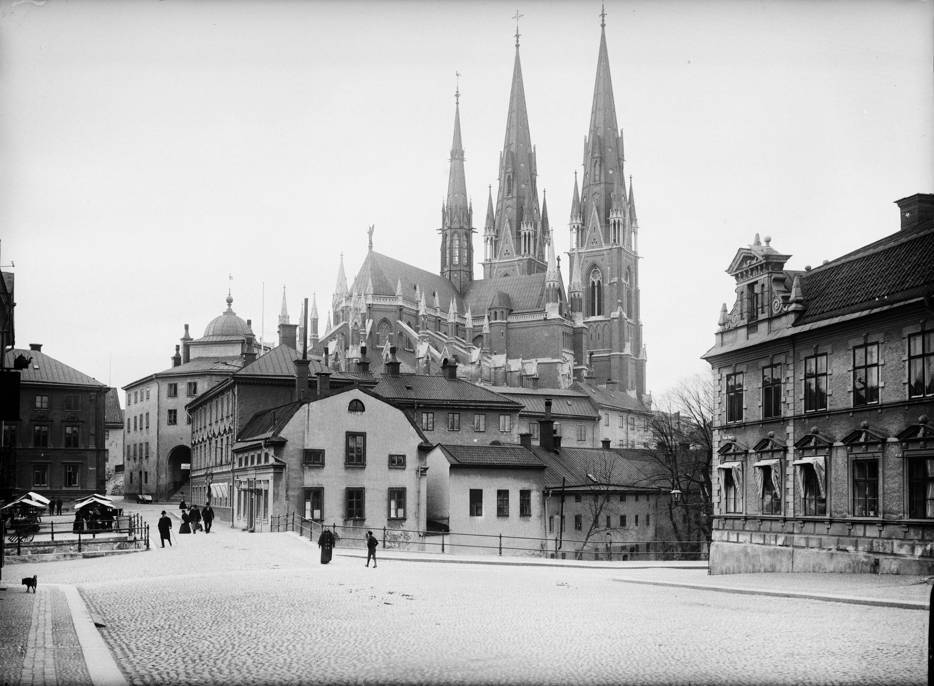 Uppsala domkyrka och kvarteret Holmen från Gamla torget, Uppsala 1901 ...