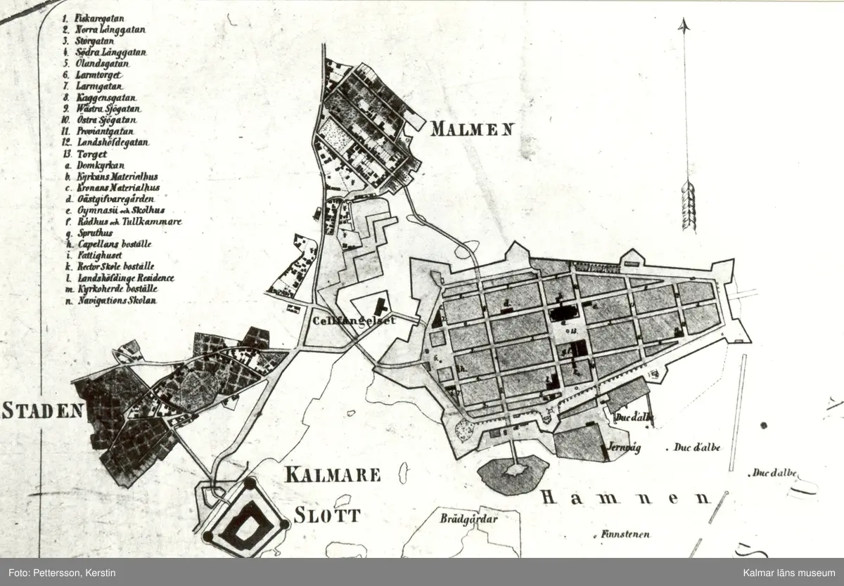 Karta över Gamla staden, Kalmar slott, Kvarnholmen, fängelset och ...