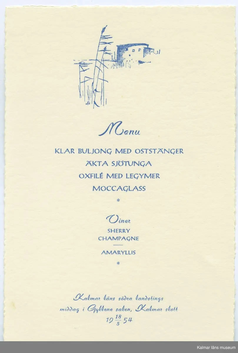 Meny för södra Kalmar läns landstings middag i Gyllene salen på Kalmar ...