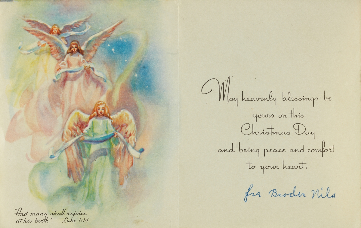 Julekort. Religiøst motiv. Maria, Josef og Jesusbarnet i stallen med ...