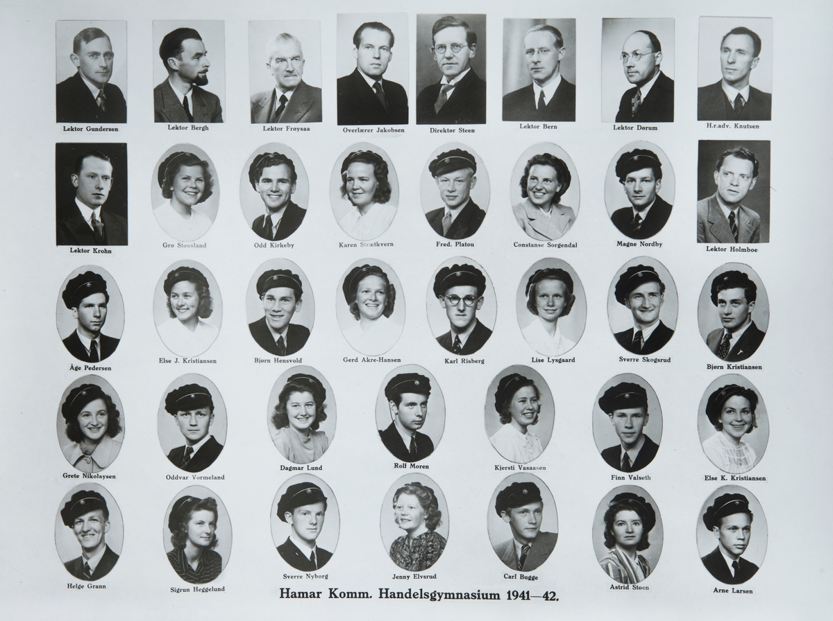Hamar Kommunale Handelsgymnasium 1941-1942. Elever og lærere. Øverst f ...