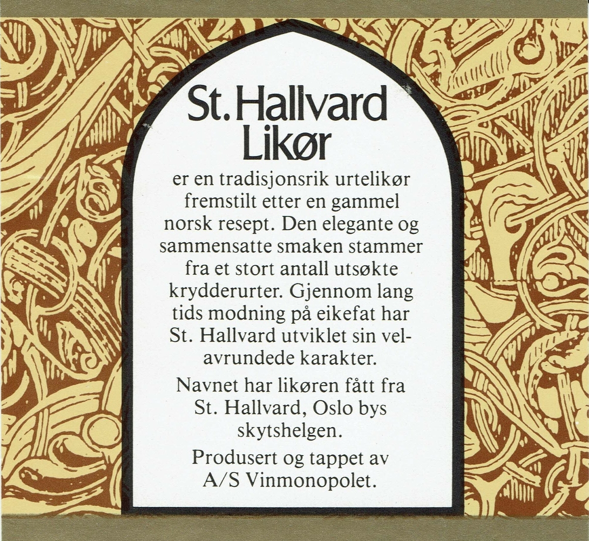 St.Hallvard-likør. 42.5 vol %. A/S Vinmonopolet. Baksideetikett fra ...